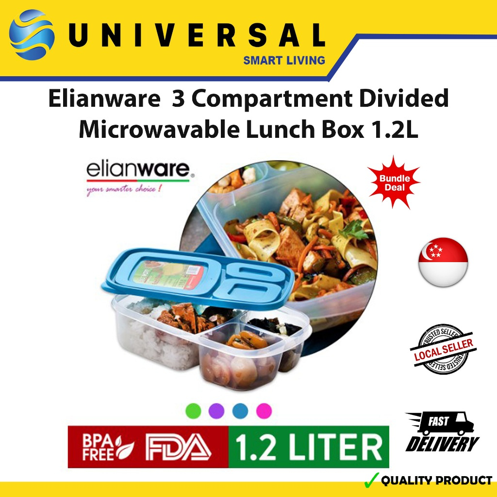 [SG SHOP SELLER] Elianware 3 Compartment Divided Lunch Box Food ...