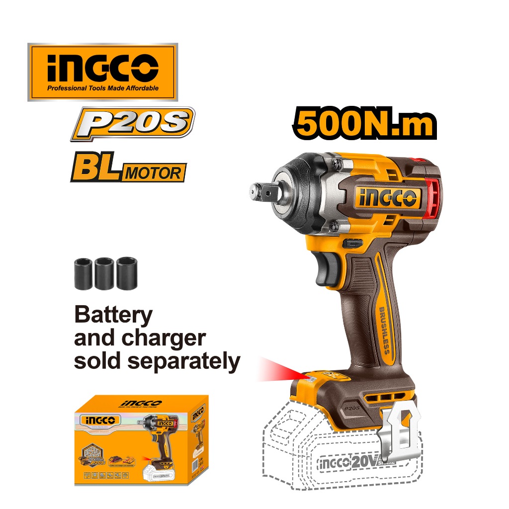 INGCO 20V Brushless Cordless Impact Wrench with LED Light and ...