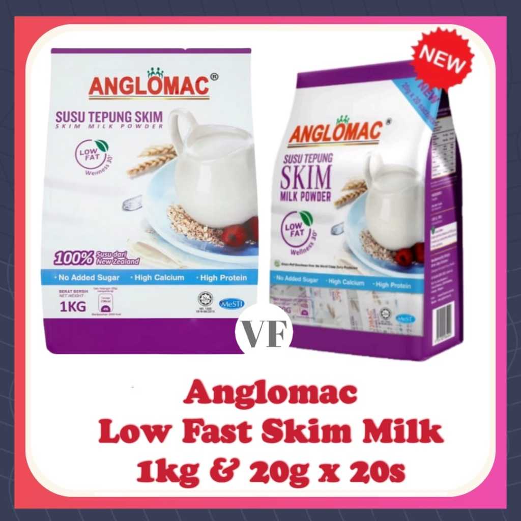 Anglomac Low Fat Skim Milk Powder 1KG / 20g x 20s - Halal | Shopee ...