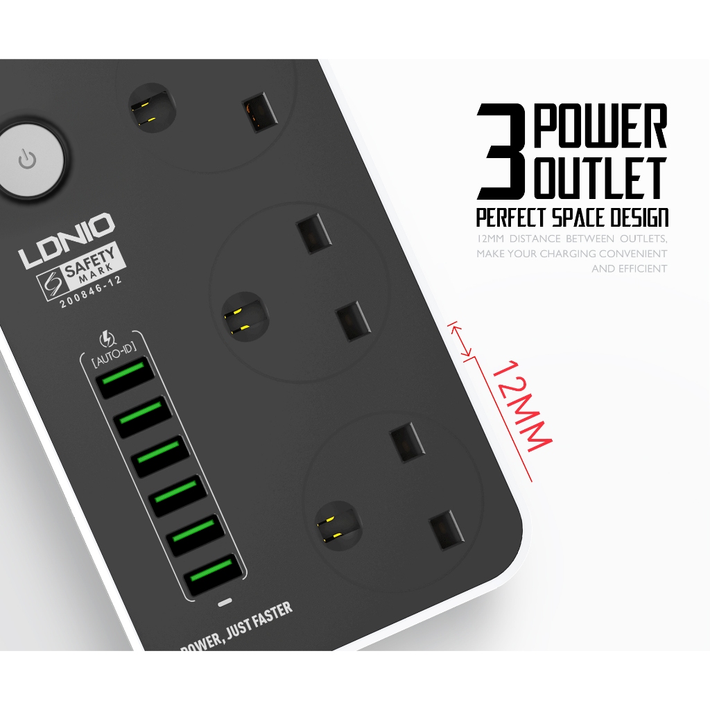LDNIO Power Socket with UK 3 Pin +6 USB Fast Charger 250V/2500W/10A ...