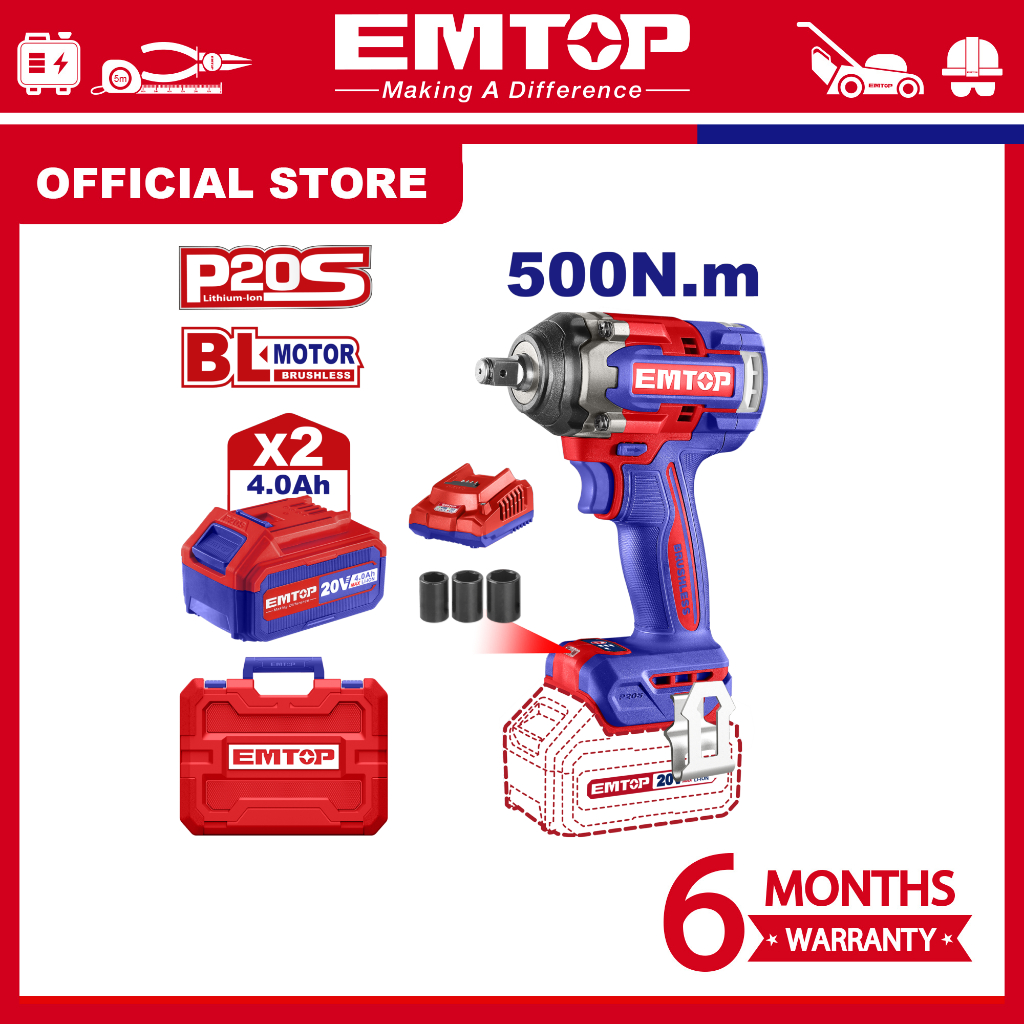 EMTOP 20V 500Nm Brushless Cordless Impact Wrench With 2 Pcs 4.0Ah ...