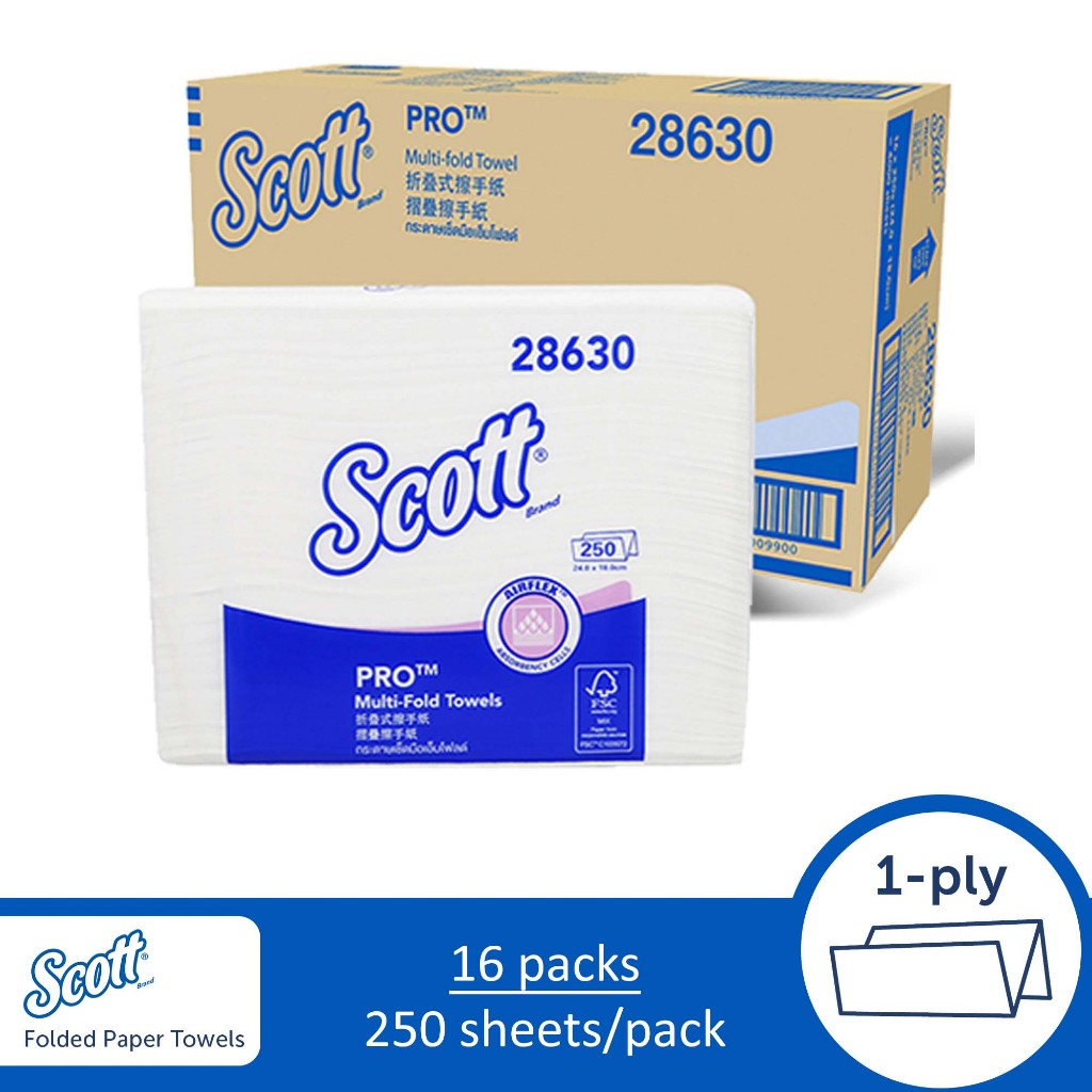Scott Multifold Paper Towels 28630 White 1-Ply, 16 Packs / Case, 250 ...