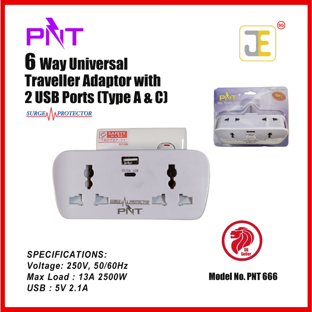 6 Way Universal Traveller Adaptor with Surge Protector and 2 USB Ports ...