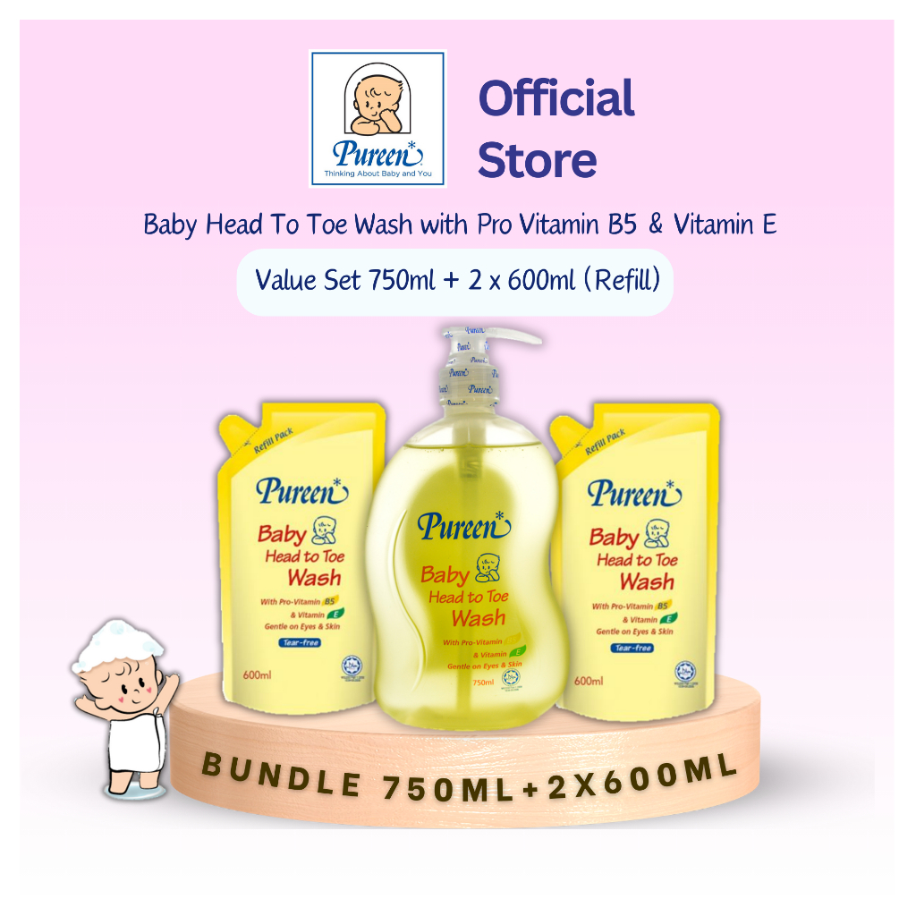 Pureen Baby Head To Toe Wash 750ml + Refill Pack 600ml x 2 (Bundle Sale ...