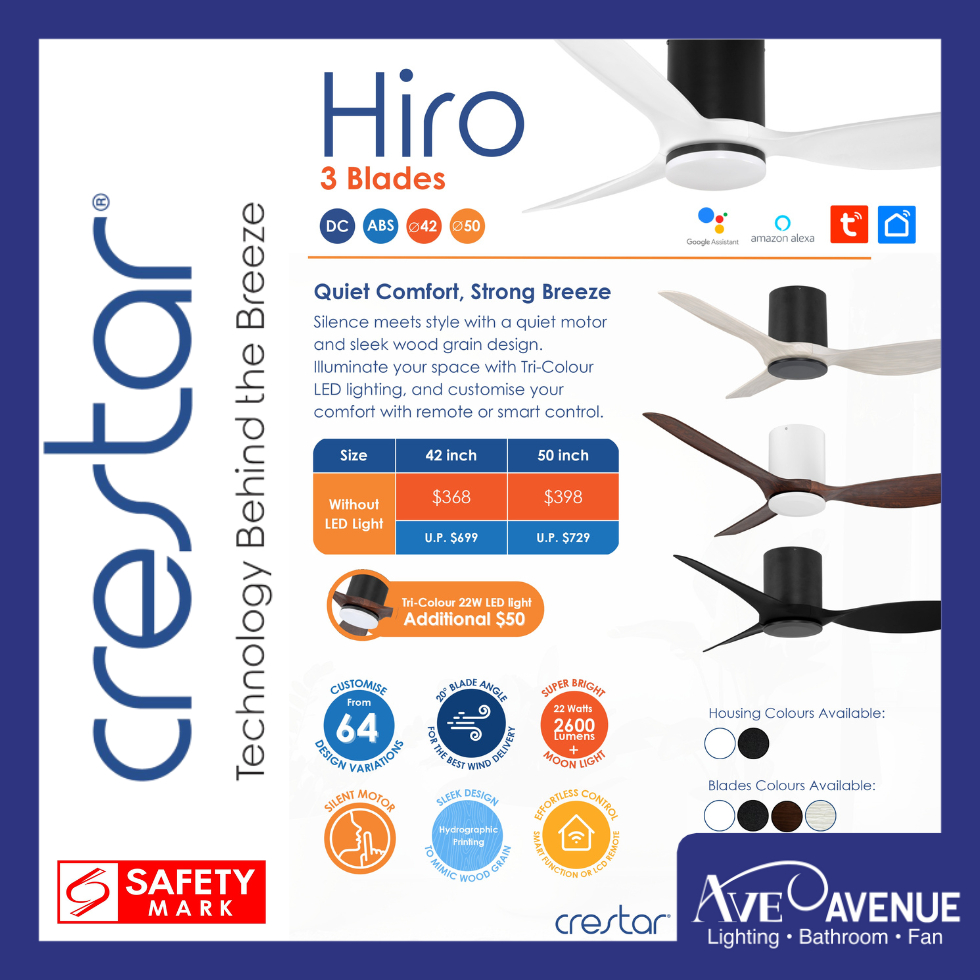 Crestar Hiro Smart Wi-Fi Hugger DC Ceiling Fan 42/50 Inch 3 Blades W ...