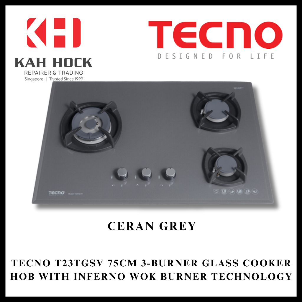 TECNO T23TGSV 75CM 3-BURNER GLASS COOKER HOB WITH INFERNO WOK BURNER ...