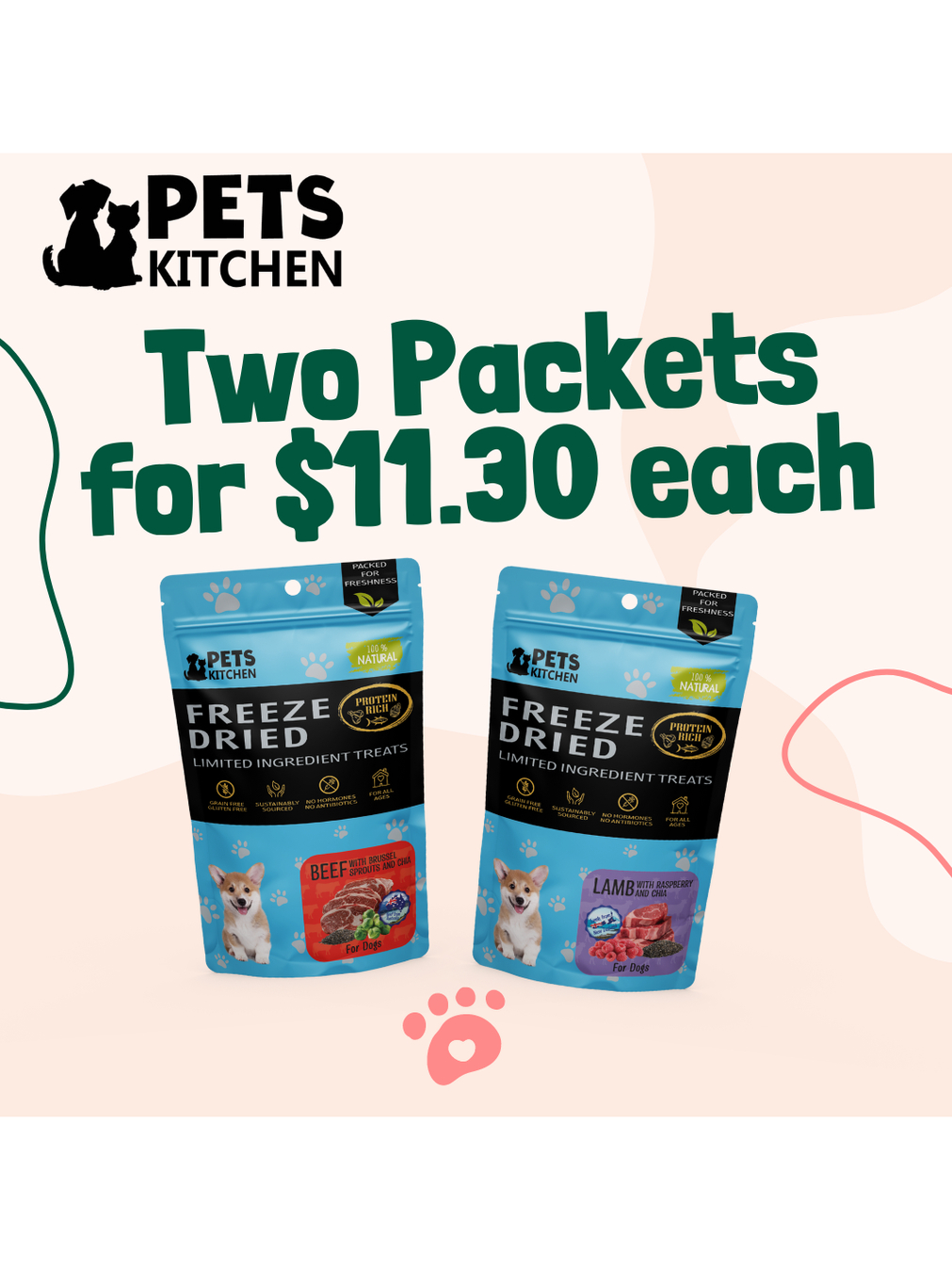 Pets Kitchen Premium Freeze Dried Treats for Dogs (Beef Lamb Pork ...