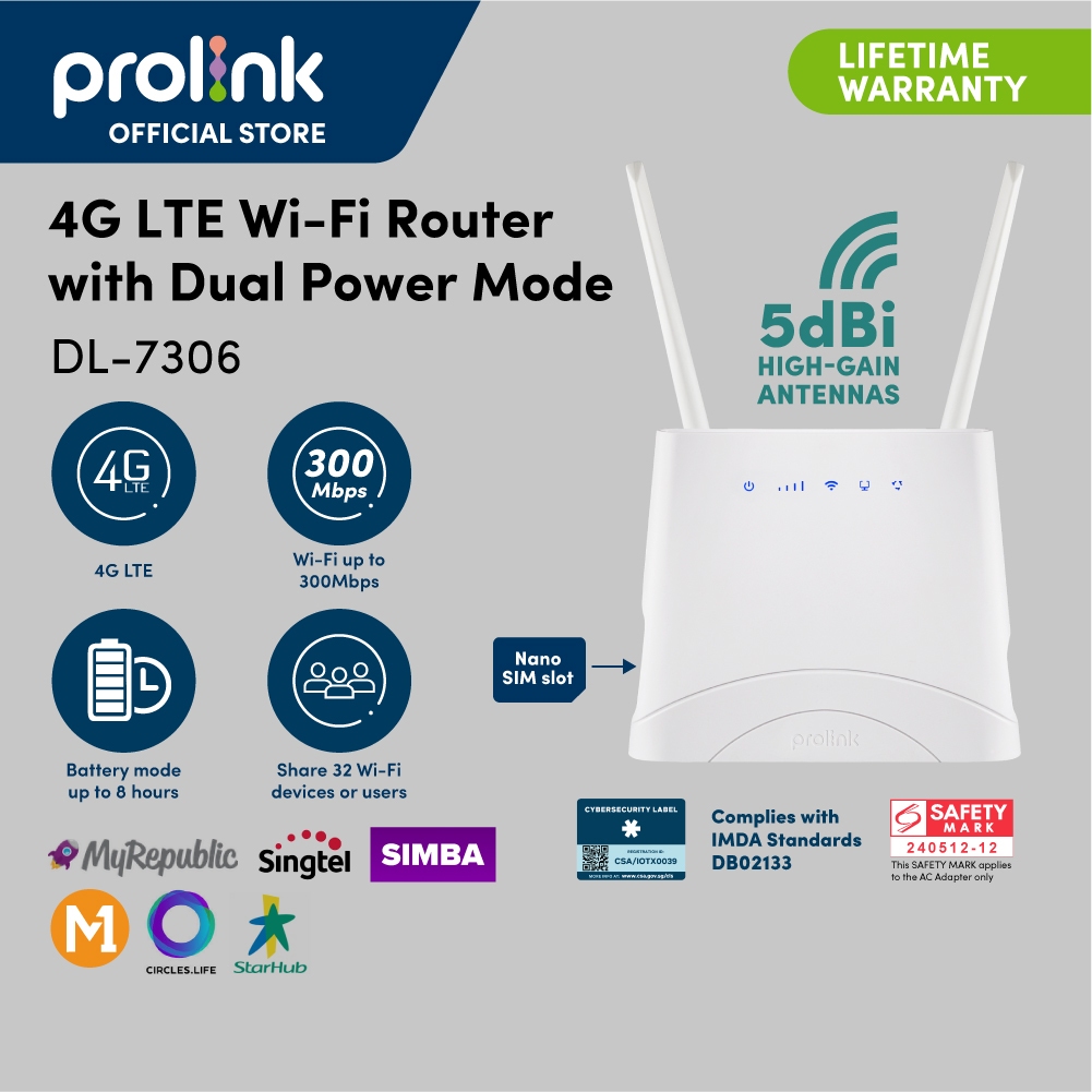 [Dual-Power mode] Prolink DL-7306 LTE CAT4 Wi-Fi Home 4G Router with ...