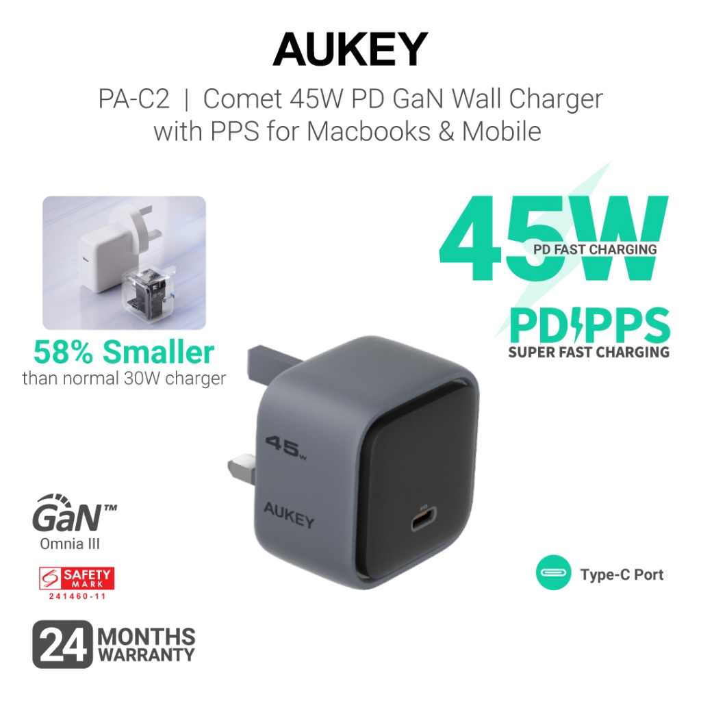 Aukey PA-C2 Comet 45W PD PPS Super Fast Charging GaN Wall Charger for ...