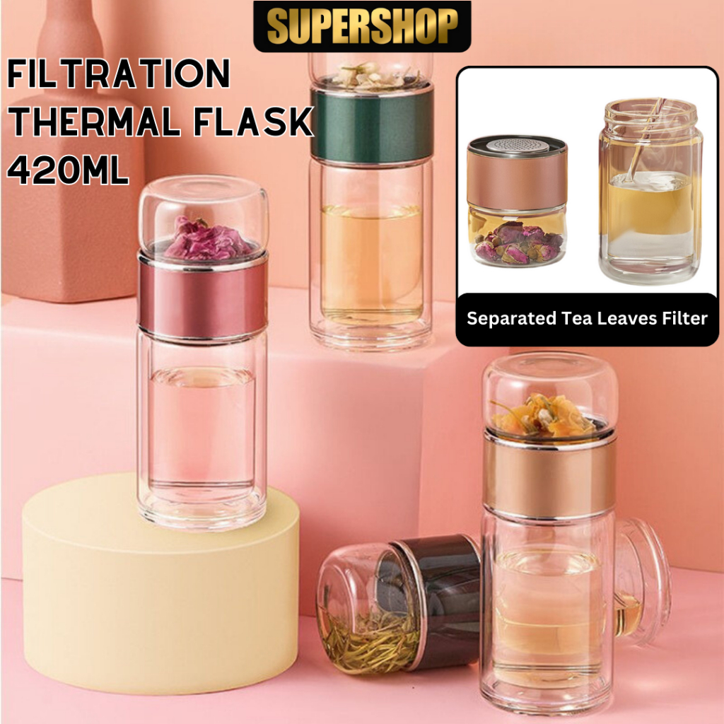 [SG Stock] 420ML Tea Infuser Filter Thermal Vacuum Flask Tea Cup Double Thickened Tempered Glass ...