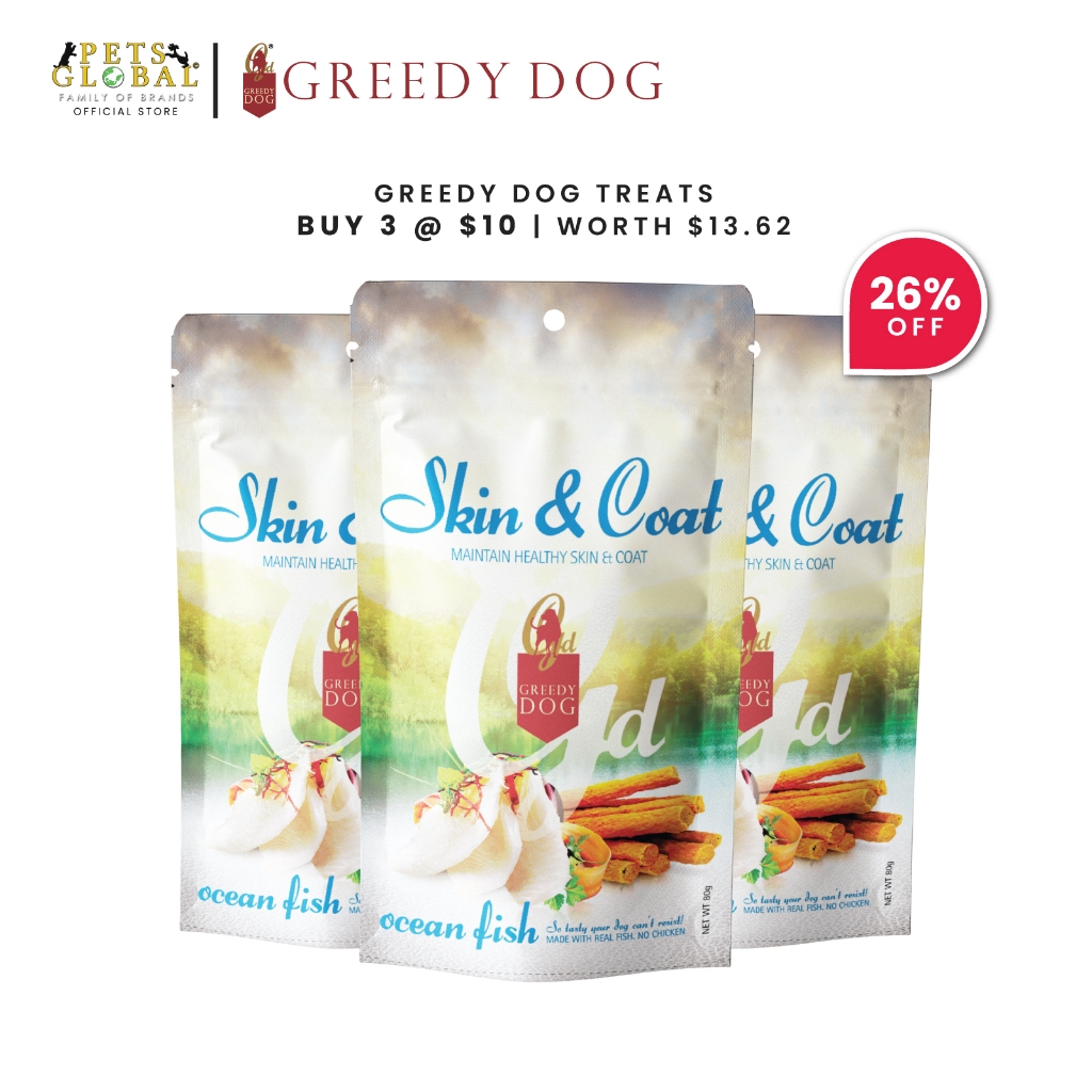 [3 for $10] Greedy Dog Skin & Coat Ocean Fish Formula Dog Treats (80g x ...