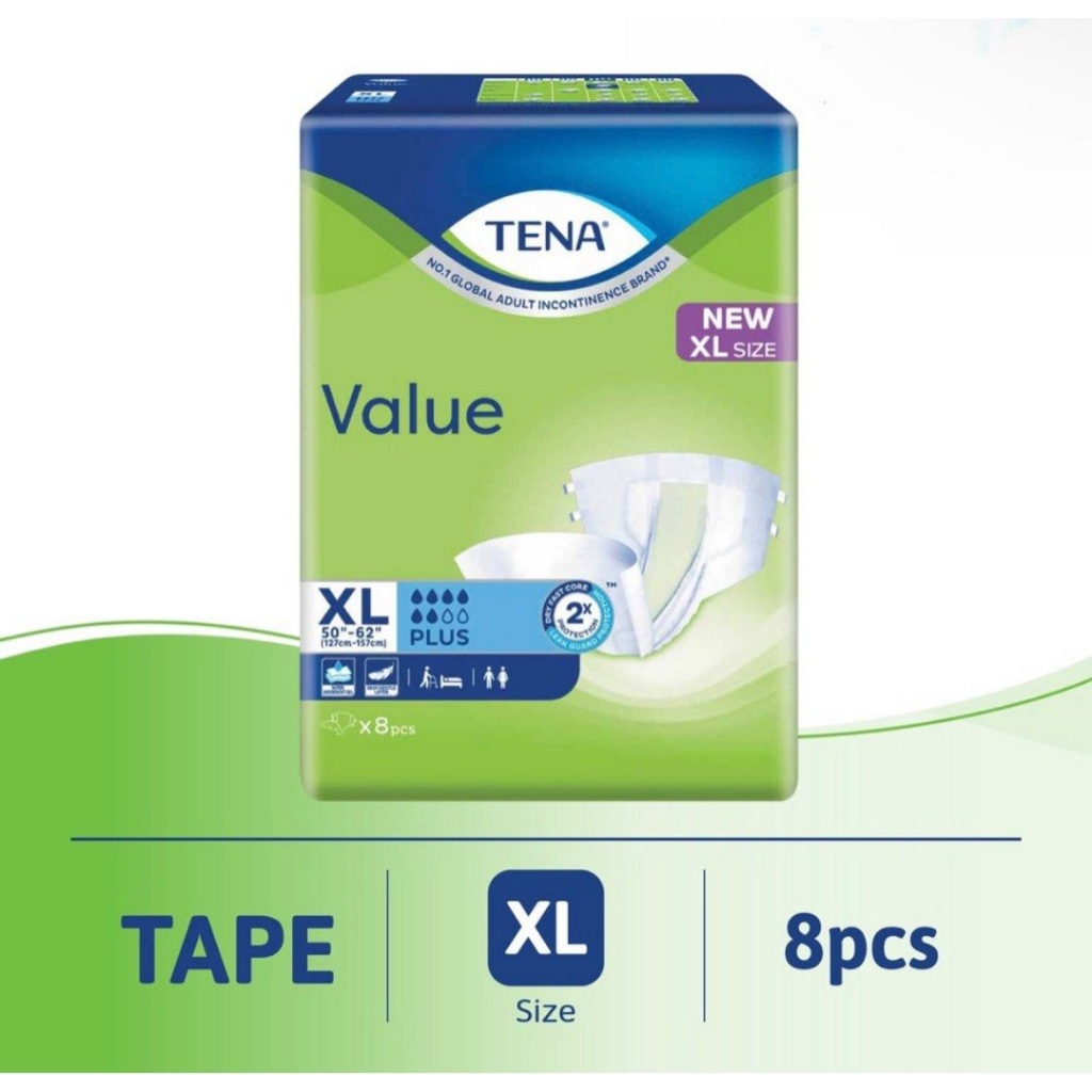 (Bundle of 8) TENA Value Tape Adult Diaper XL8's (127-157cm) | Shopee Singapore