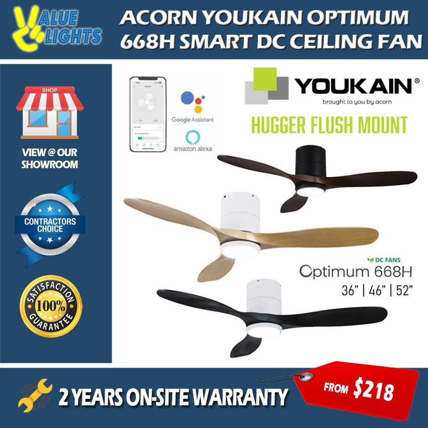 YOUKAIN by Acorn Optimum YJ-668H Hugger DC Smart Ceiling Fan 36" / 46" / 52" Flush Mount for Low ...