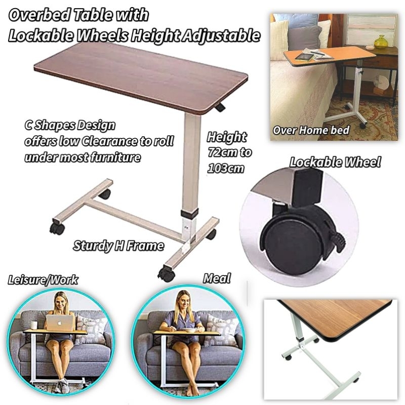Overbed Table Height Adjustable Lockable Wheel Hospital Bed Table ...