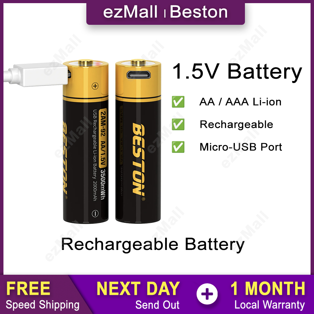 BESTON AA AAA Micro USB Rechargeable Lithium Battery 1.5V | Shopee ...