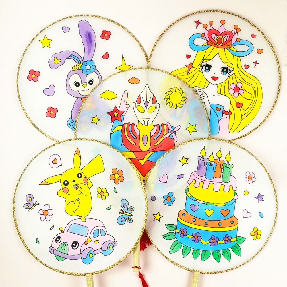 1 Set Hand-painted Round Fans Painting White Silk Fan Children Craft ...