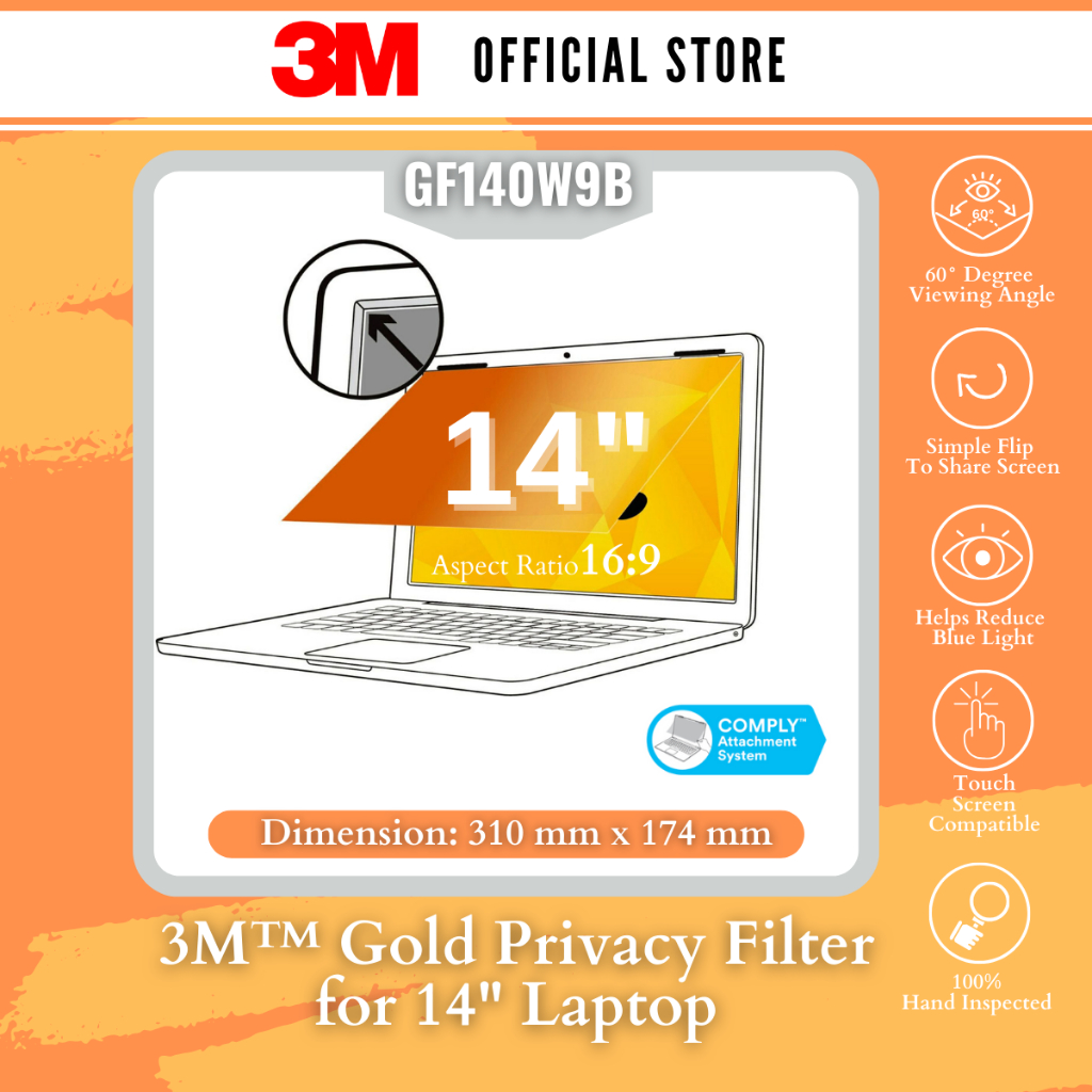 3M Gold Privacy Filter 14" Laptop with COMPLY Attachment System 310 mm ...
