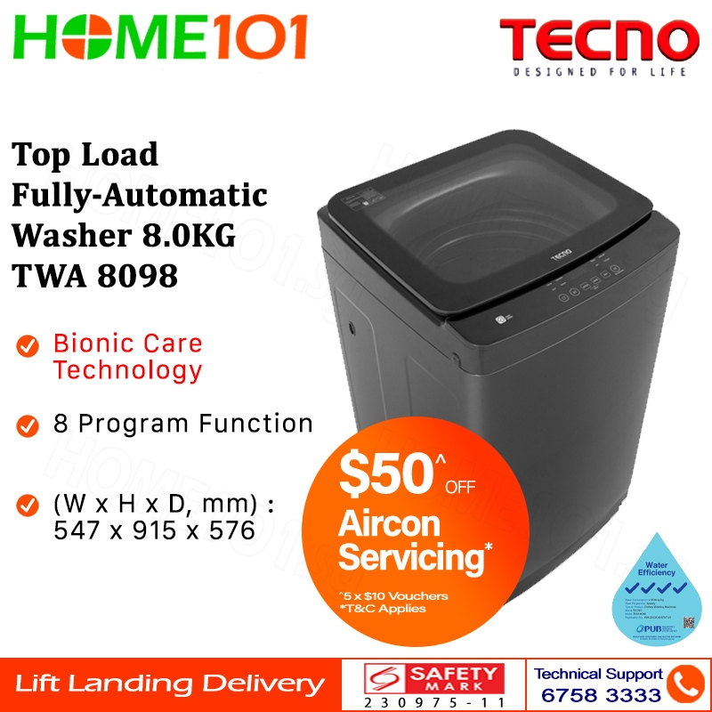Tecno Top Load Fully Automatic Washer 8.0KG TWA 8098 | Shopee Singapore
