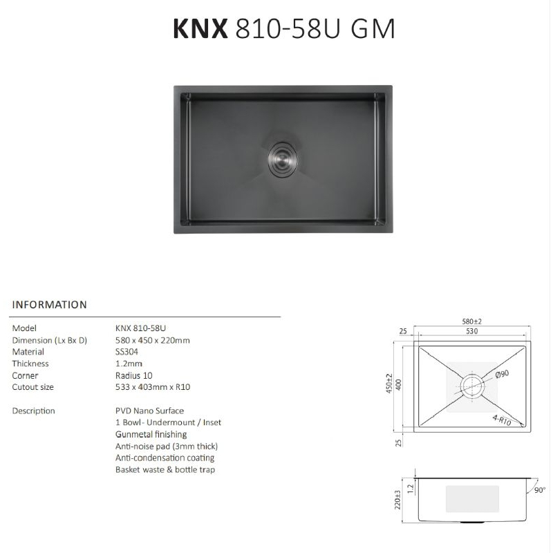 Rubine Kin Nano Series Stainless Steel Kitchen Sink KNX 810-58U-GM (1yr ...