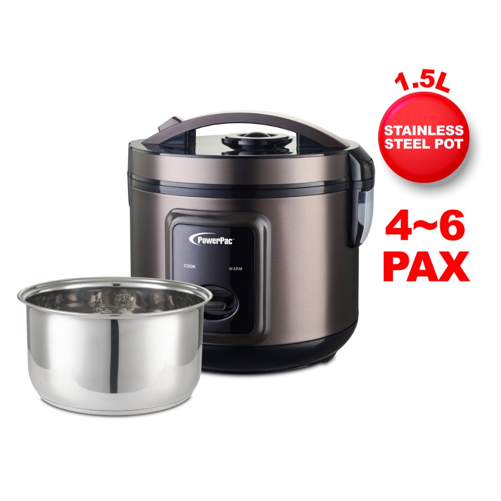 PowerPac Rice Cooker 1.5L/1.8L with Steamer & Stainless Steel Inner Pot ...
