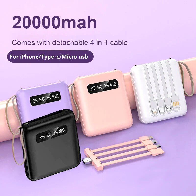 Mini Power Bank 20000mAh with 4in1 DETACHABLE Cables Micro Type C and ...