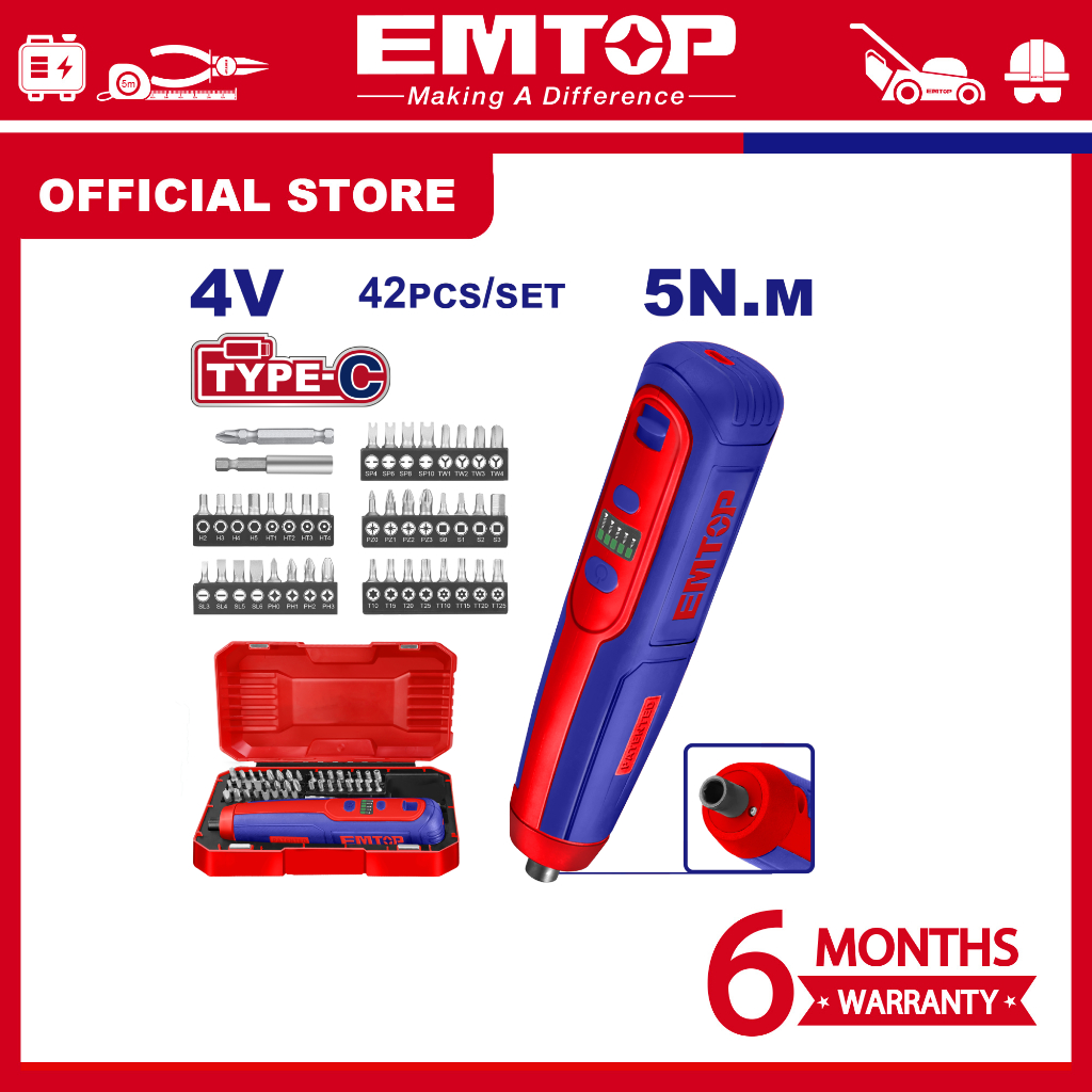 EMTOP 4V 5NM Lithium-Ion Cordless Electric Screwdriver With 42pcs Set ...