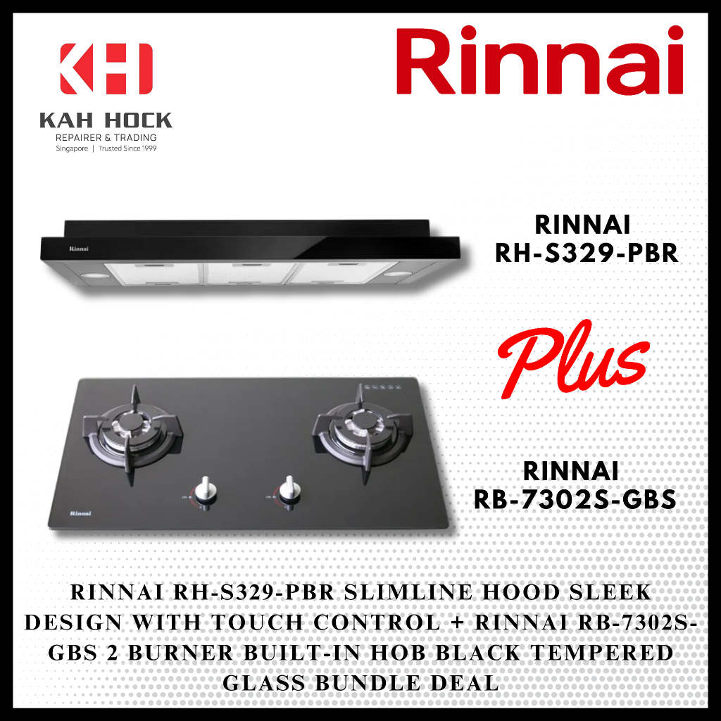 RINNAI RH-S329-PBR SLIMLINE HOOD + RINNAI RB-7302S-GBS 2 BURNER BUILT-IN HOB BUNDLE DEAL ...