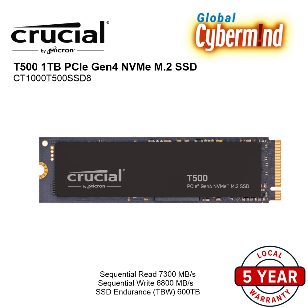 Crucial T500 PCIe Gen4 NVMe M.2 SSD 500GB / 1TB / 2TB - 5 Years Local Warranty (Brought to you ...