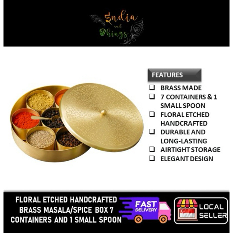 Indian Traditional Handmade Floral Etched Pure Brass Spice Box Masala ...