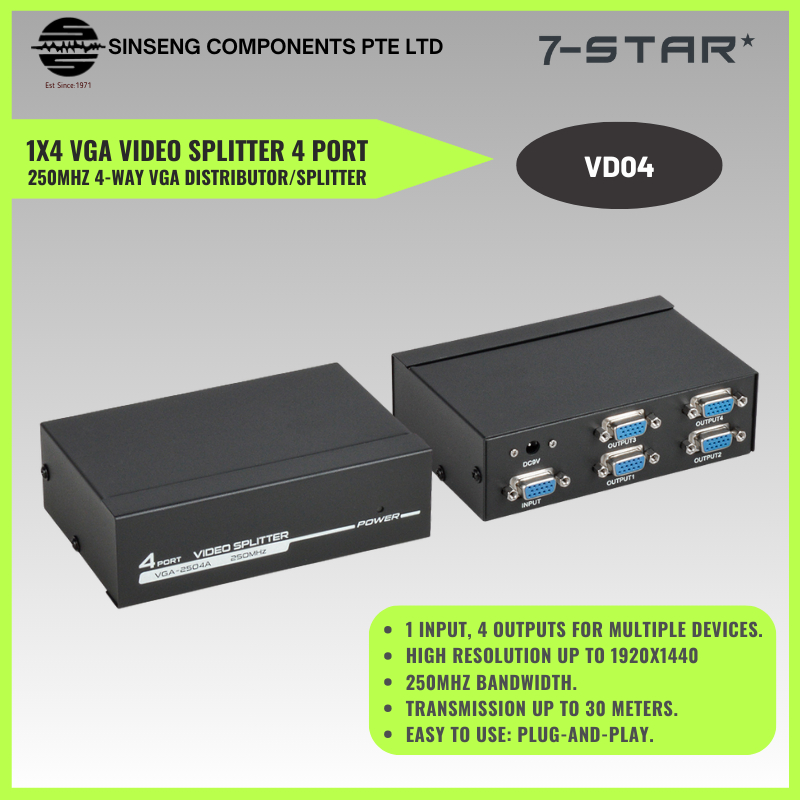 7-STAR* 4-Way VGA Splitter 250MHz – 1x4 Video Splitter for LCD, PC, Projector Screens | VD04 ...