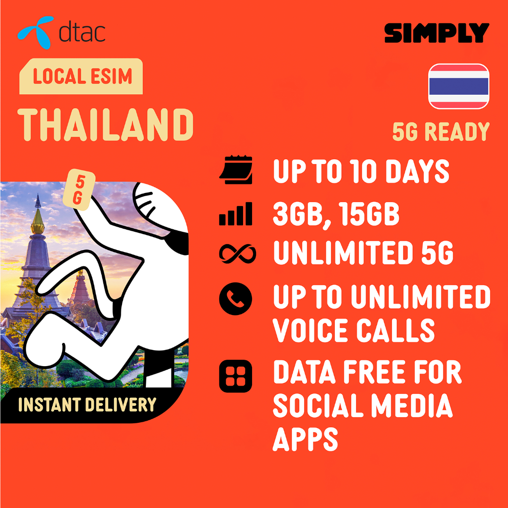 [eSIM- Thailand] DTAC Up to 10 Days | 3GB/15GB/50GB/Unlimited(5G/4G) Data | Local eSIM | No ...