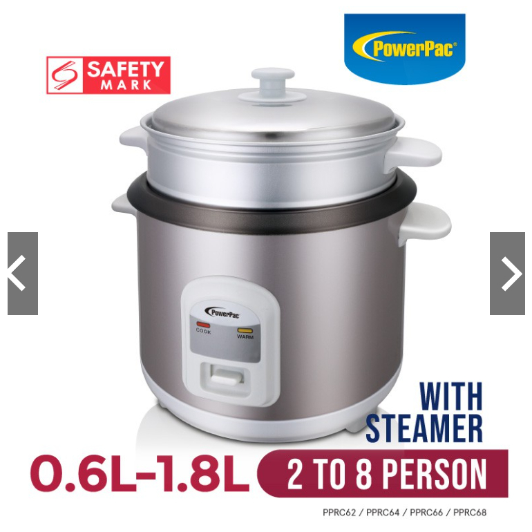 PowerPac Rice Cooker with Steamer 0.6L/1.0L/1.5L/1.8L(PPRC62/PPRC64 ...