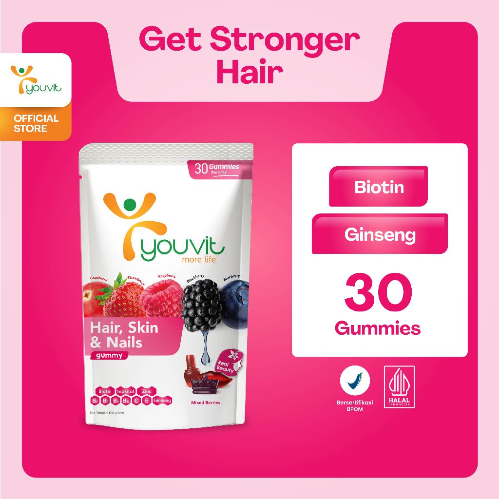 Youvit Hair, Skin & Nails Gummy 30 Days with Biotin, Ginseng & Vitamin ...