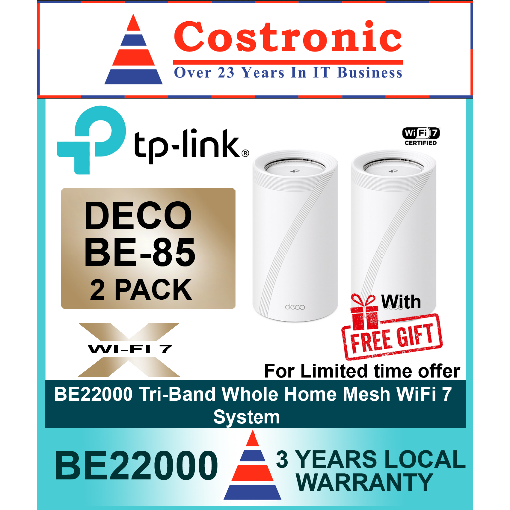 TP-LINK DECO BE85 2-PACK BE22000 Tri-Band Whole Home Mesh WiFi 7 System ...