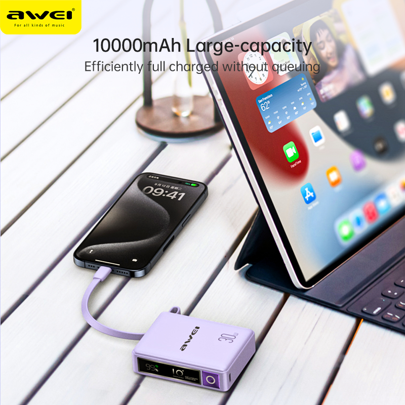 Awei P87K 10000mAh 30W PowerBank Built-In Cable Power Bank Portable ...