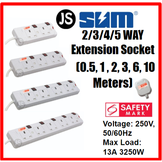 SUM 2/3/4/5 WAY Extension Socket (0.5, 1, 2, 3, 6, 10 Meters) With ...