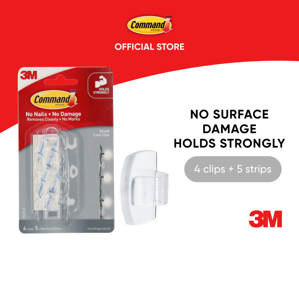 3M™ Command™ Round Cord Clips, 17017CLR, No Surface Damage, 4 pcs/pack ...