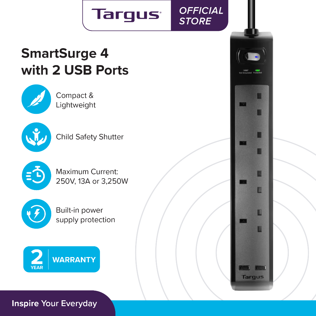 Targus Smart Surge Protector 4 Outlets - Dual Port USB, 2M Power ...