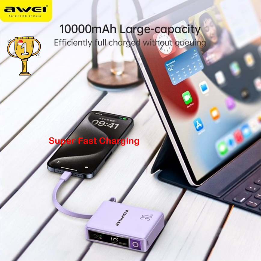 [SG] AWEI P87K 10000mAh 30W PowerBank Built-In Cable Power Bank ...