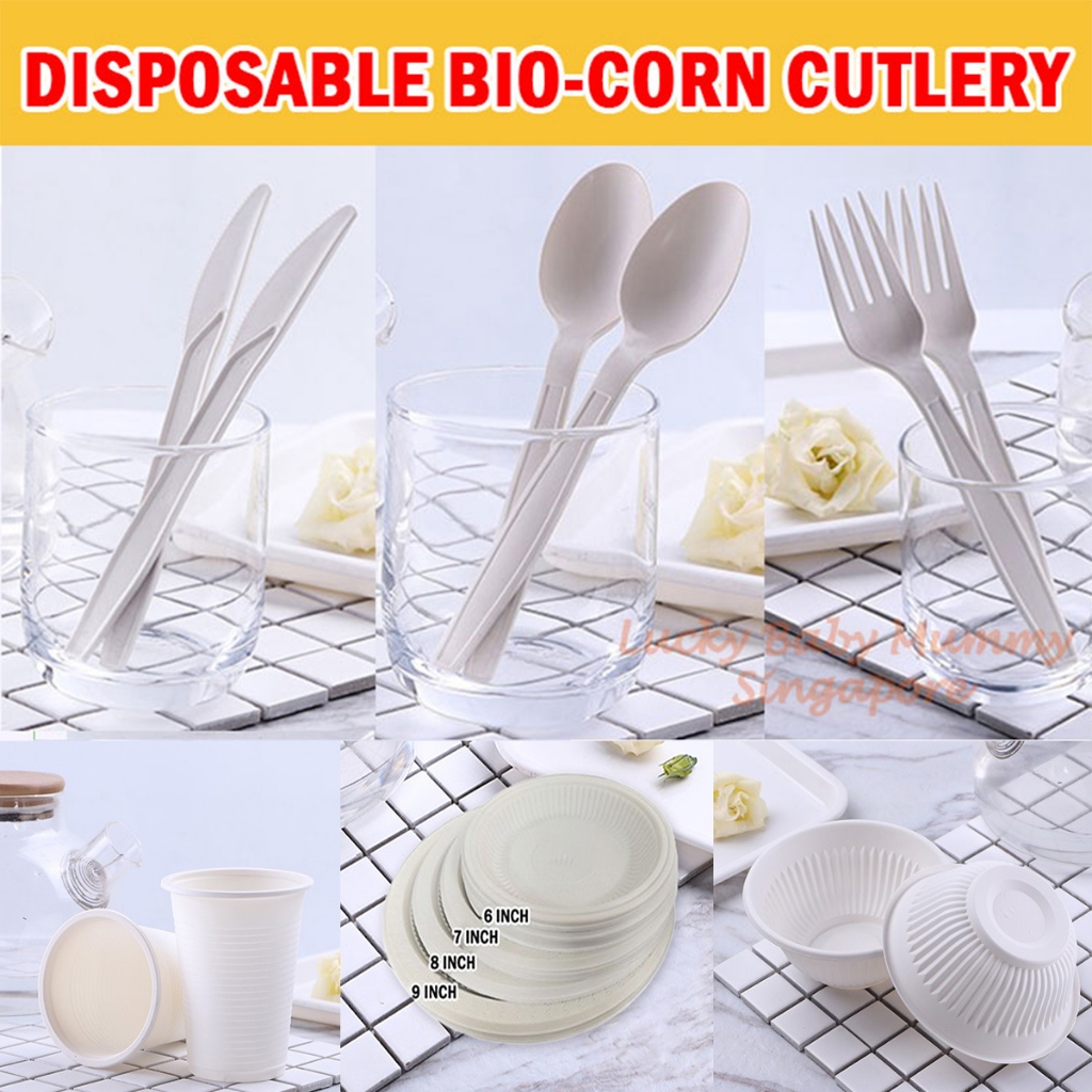[50pcs] Biodegradable Bio-Corn Disposable Cutlery Spoon/Fork/Knife ...