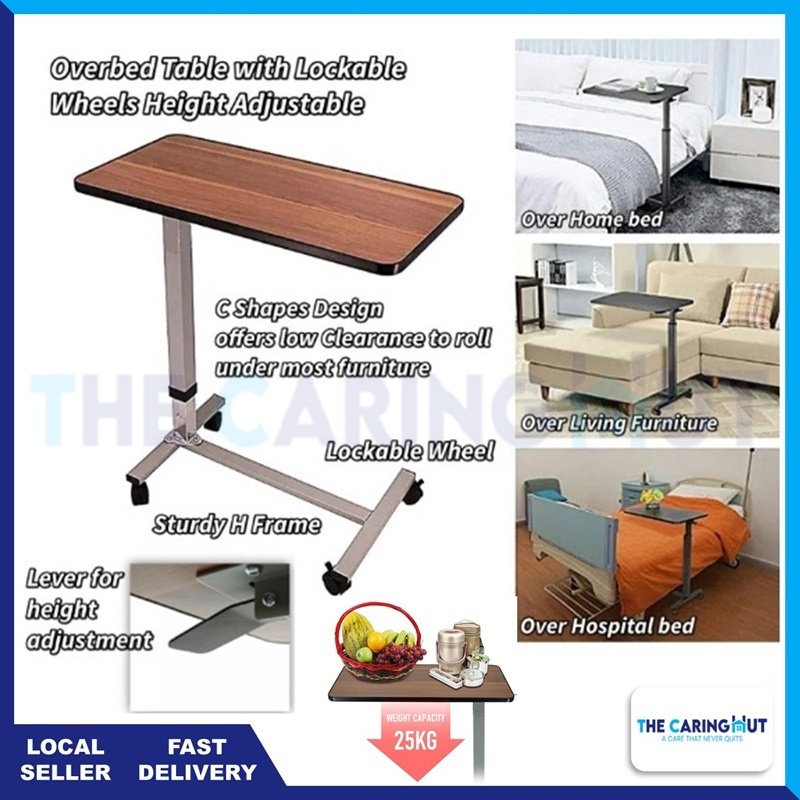 🏅Premium Height Adjustable Movable Overbed Table Walnut Wood Bedside ...
