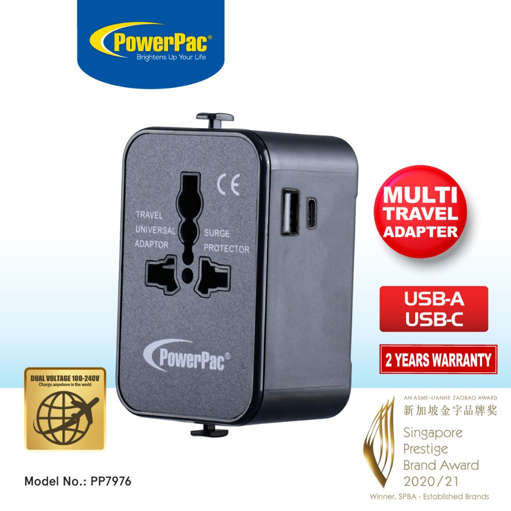 PowerPac Multi Travel Adapter With USB-A, USB-C Charger US UK EU AU ...