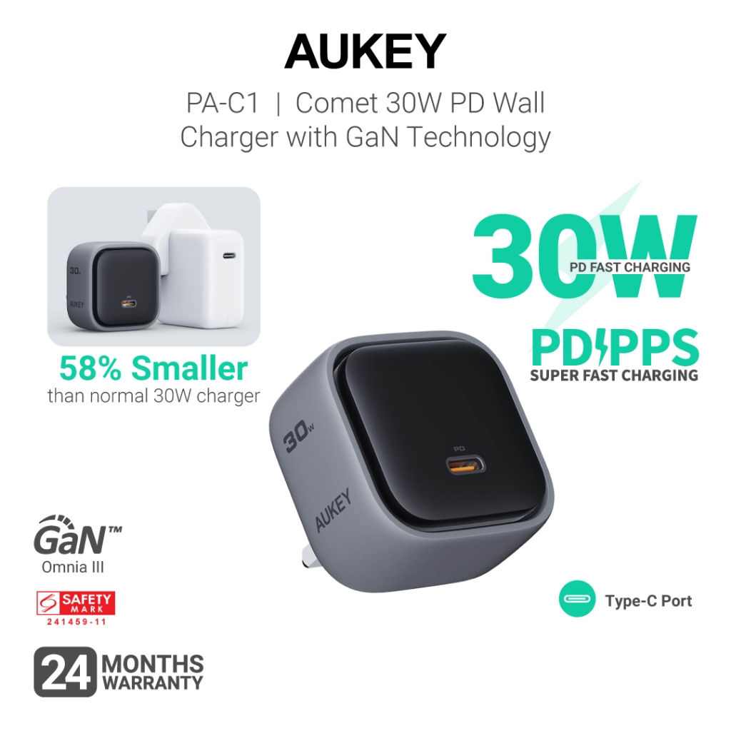 Aukey PA-C1 Comet Super Compact 30W PD PPS Super Fast Charging GaN Wall Charger for Mobile (24 ...