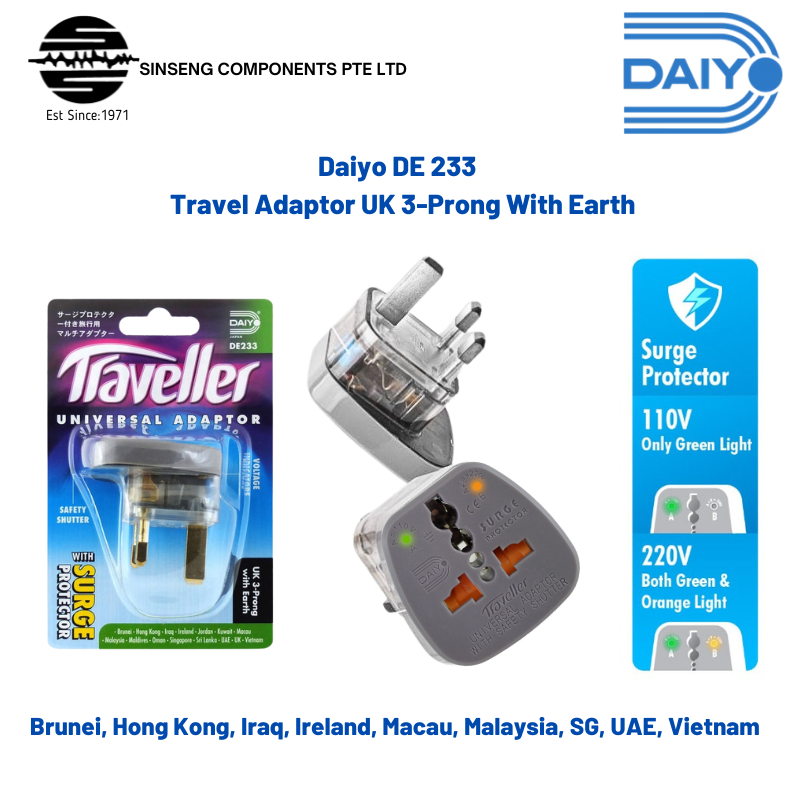 Daiyo DE 233 Travel Adaptor 3 Pin Plug UK 3-Prong With Earth Adapter ...