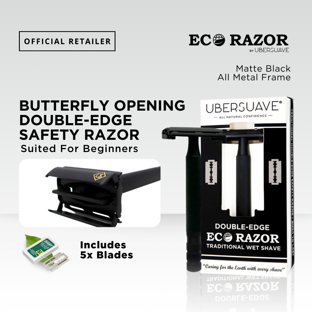 Ubersuave Eco-Razor Matte Black Butterfly Open Double Edge Razor ...