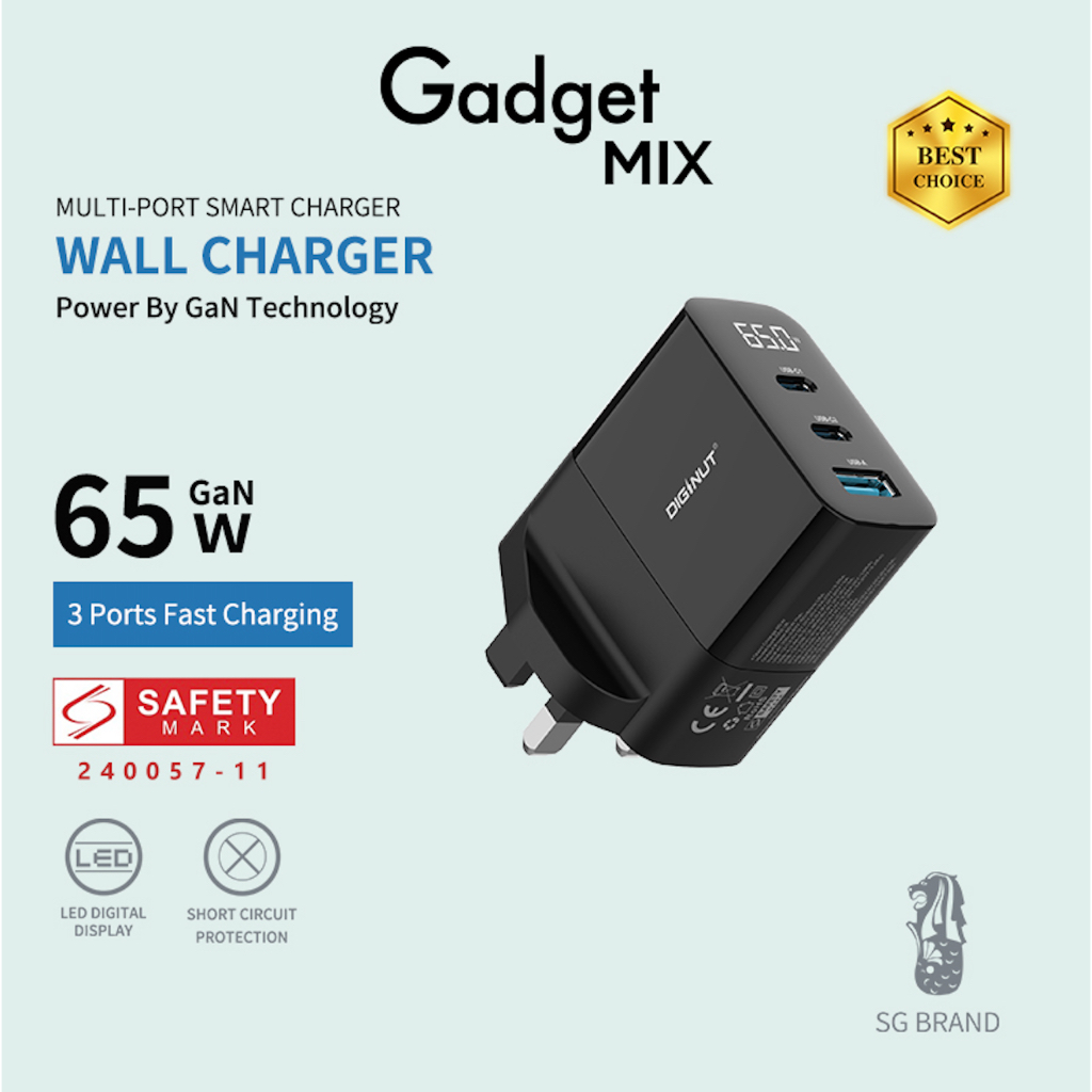 Gadget MIX Diginut GaN-002-UK 65W GaN Power Plug Black/ LED Digital ...