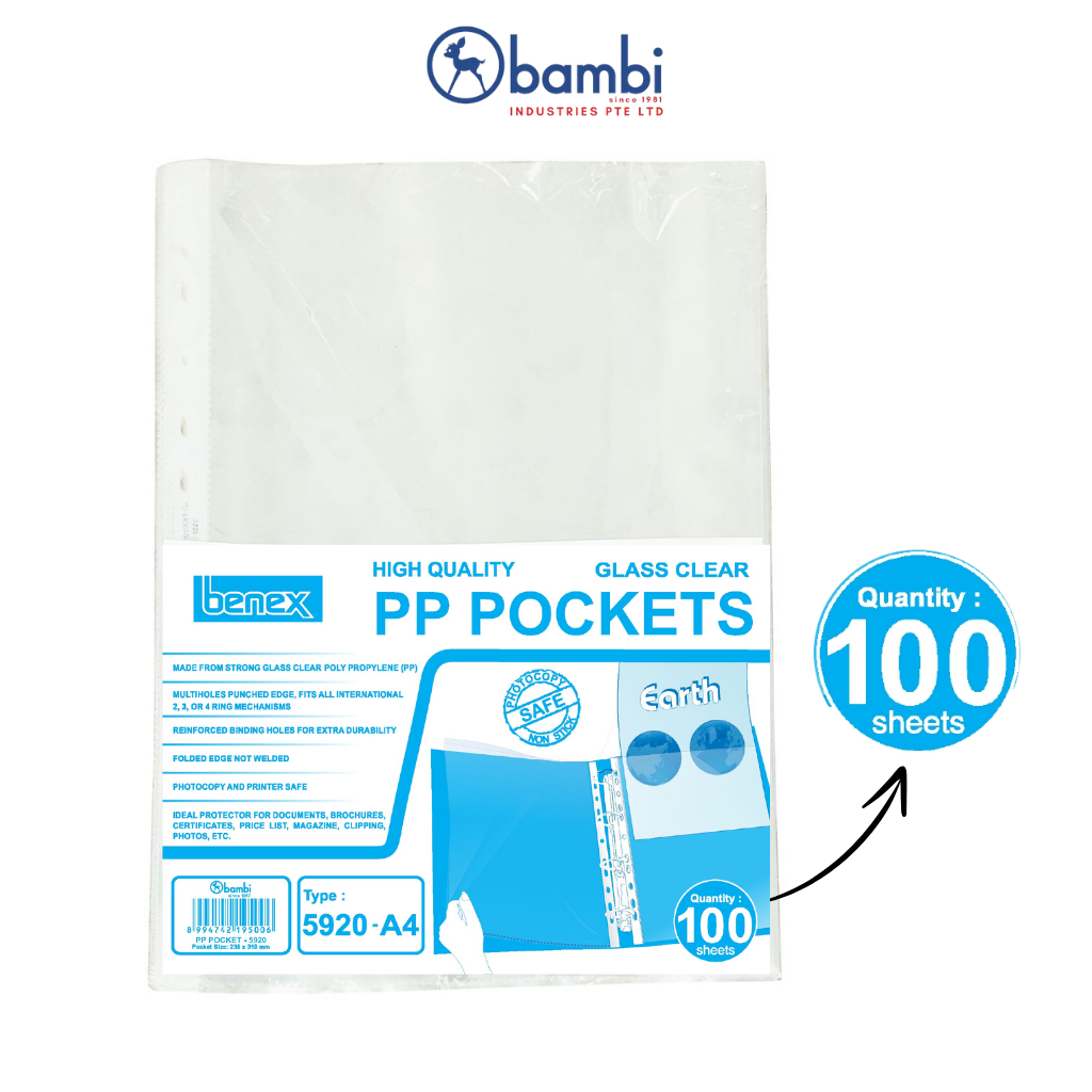 [100 pcs] Benex PP Document Pocket Transparent Sleeve A4 (0,05 mm ...