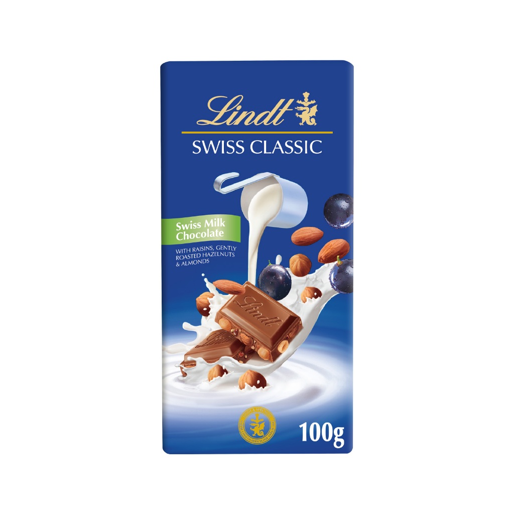 Lindt SWISS CLASSIC Raisin Hazelnut Almond Milk Chocolate Bar 100g ...