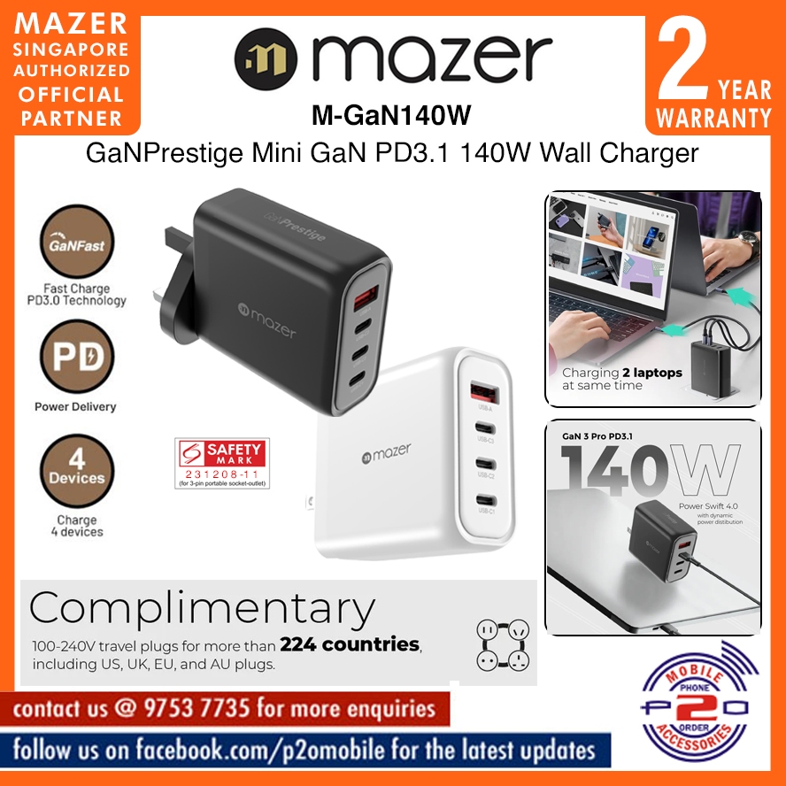 Mazer 140W GaN Prestige Mini GaN PD3.1 Wall Charger with Travel Pins ...