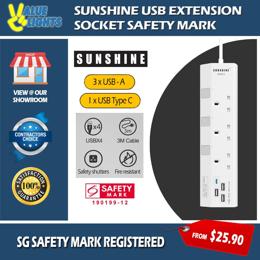 SUNSHINE 3 Way / 4 Way / 5 Way Extension Socket with USB Type A Type C ...